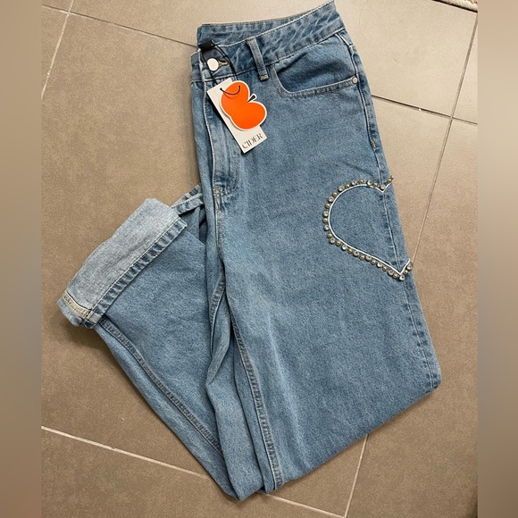 Princess Polly | Jeans | Denim Heart Rhinestone Wide Leg Jeans | Poshmark
